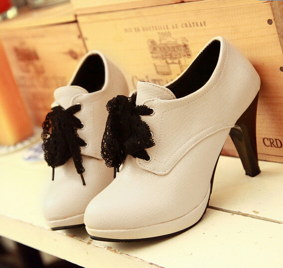 Lace Bowknot Round Head Contracted High Heels on Luulla